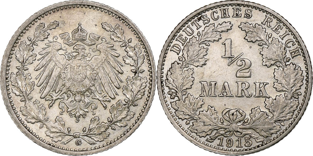 GERMANY - EMPIRE 1/2 Mark 1915 G Karlsruhe, Silber, SS+, KM:17 | MA-Shops