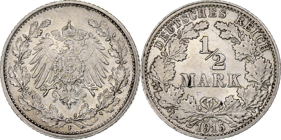 GERMANY - EMPIRE 1/2 Mark 1915 F Stuttgart, Silber, SS+, KM:17 | MA-Shops