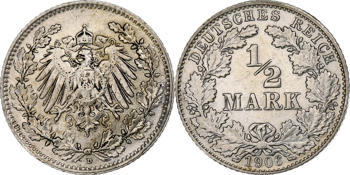 GERMANY - EMPIRE 1/2 Mark 1906 D Münze, Munich, SS, Silber, KM:17 | MA-Shops