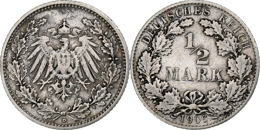 GERMANY - EMPIRE 1/2 Mark 1906 D Munich, Silber, S+, KM:17 | MA-Shops