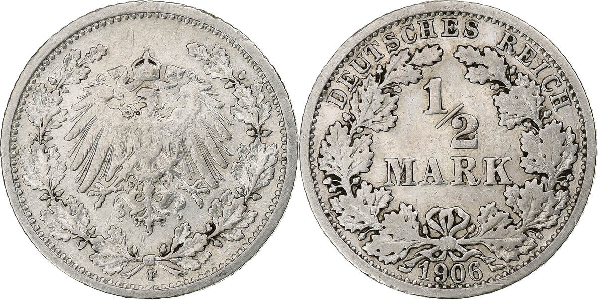 GERMANY - EMPIRE 1/2 Mark 1906 F Münze, Stuttgart, S+, Silber, KM:17 | MA-Shops
