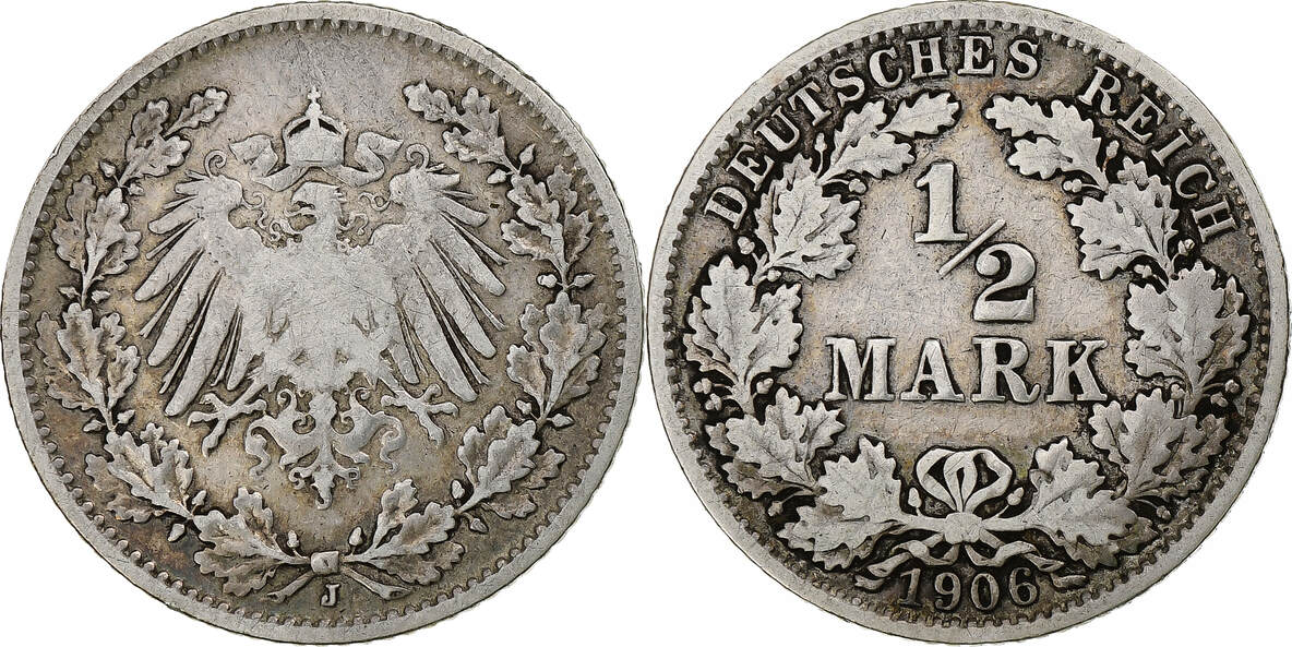 GERMANY - EMPIRE 1/2 Mark 1906 J Hambourg, Silber, S+, KM:17 | MA-Shops