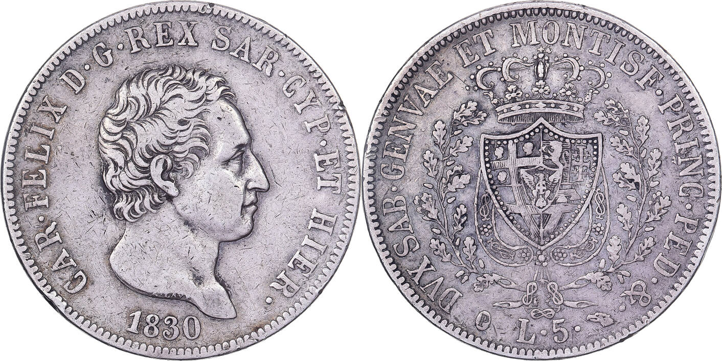 Italien Staaten 5 Lire 1830 Genoa SARDINIA, Carlo Felice, Genoa, Silber ...