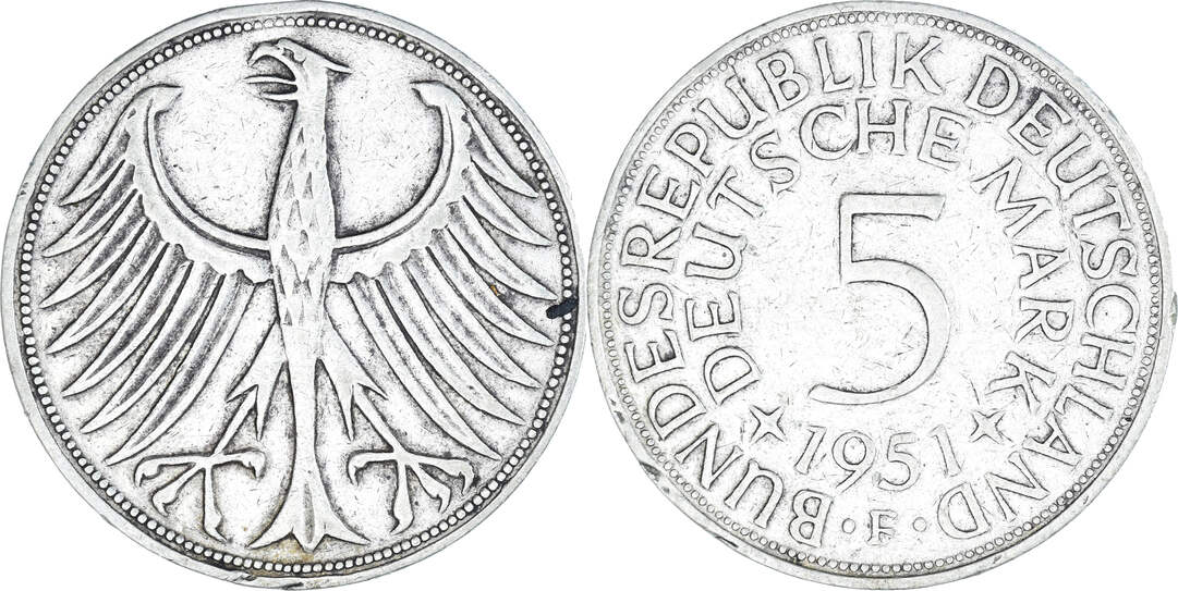 Bundesrepublik Deutschland 5 Mark 1951 F Münze, Stuttgart, S+, Silber ...