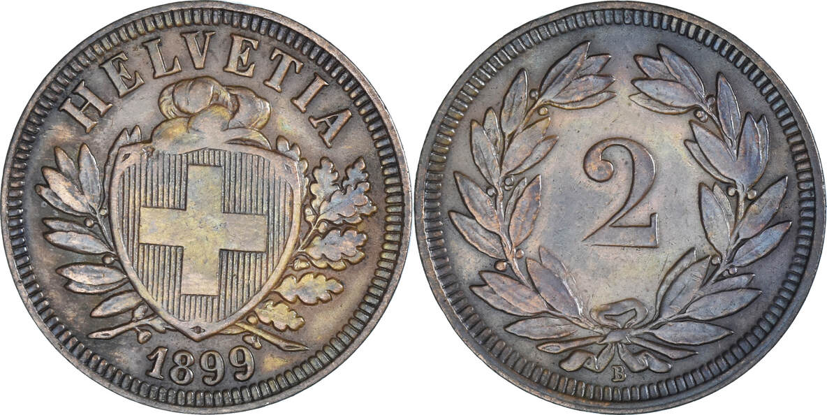 Schweiz 2 Rappen 1899 B Münze, Bern, VZ, Bronze, KM:4.2 | MA-Shops