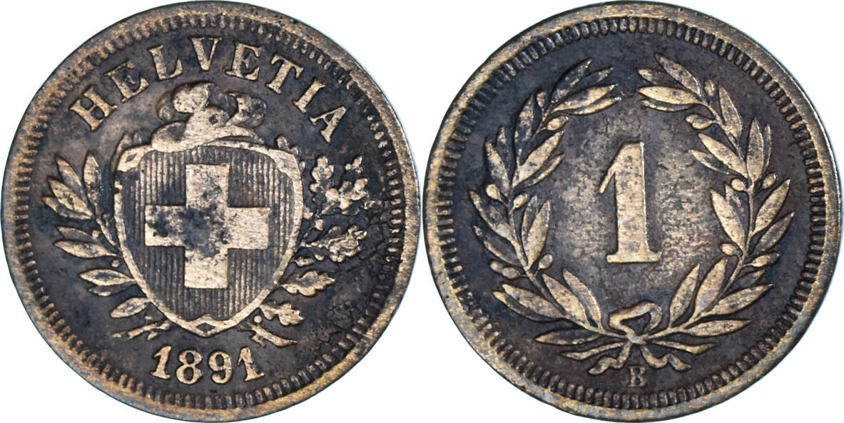 Schweiz Rappen 1891 B Münze, Bern, SS, Bronze, KM:3.1 | MA-Shops