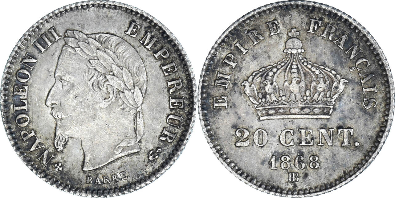 Frankreich 20 Centimes 1868 BB Münze, Napoleon III, Strasbourg, SS, Silber | MA-Shops