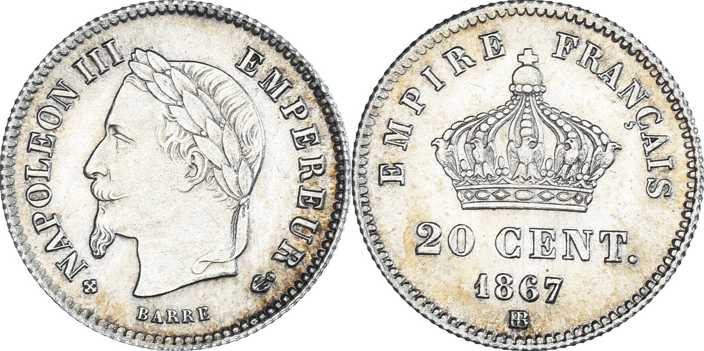 Frankreich 20 Centimes 1867 BB Münze, Napoleon III, Napoléon III, Strasbourg UNZ | MA-Shops