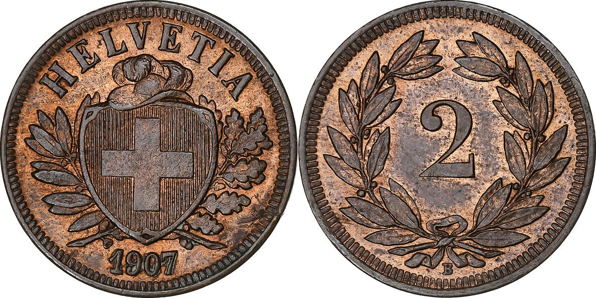 Schweiz 2 Rappen 1907 B Münze, Bern, SS+, Bronze, KM:4.2 | MA-Shops