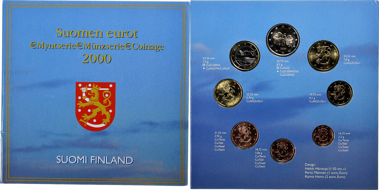 Finnland 1 Cent to 2 Euro 2000 Mint of Finland euro set, Mint of ...