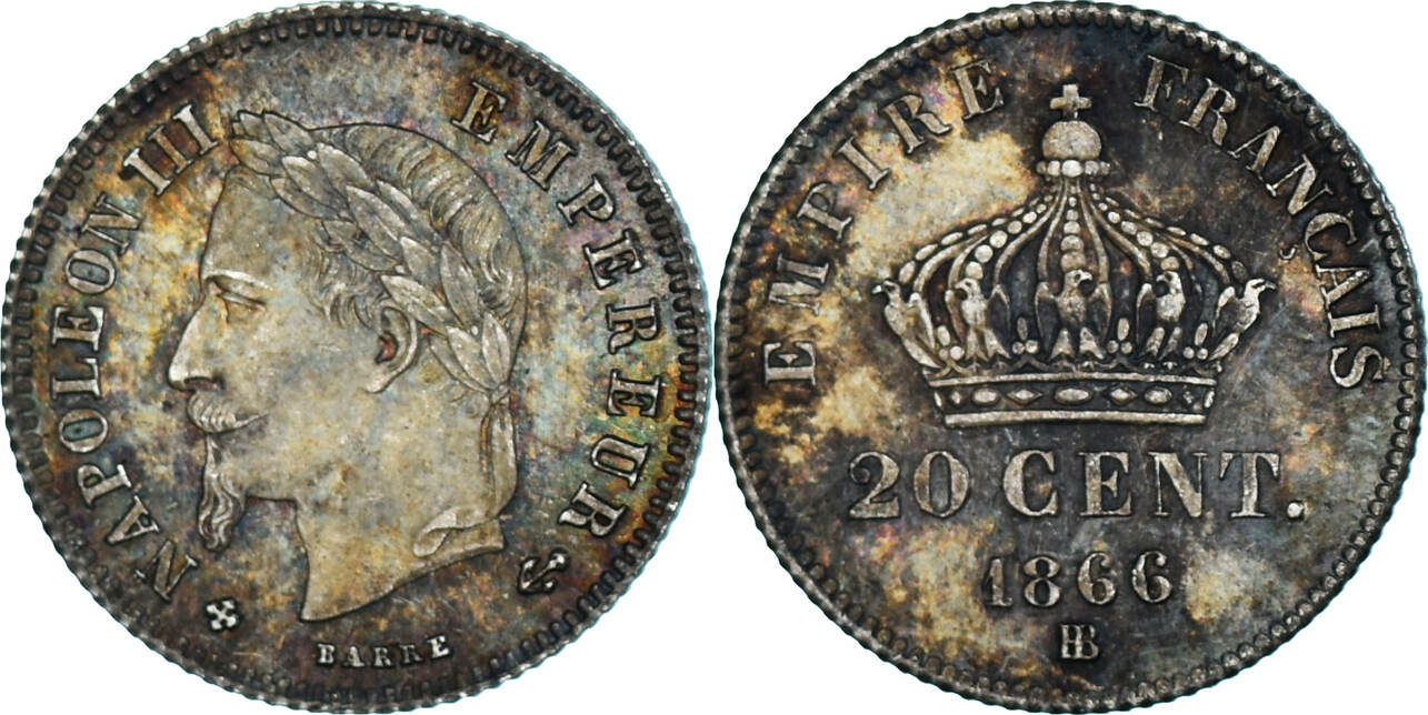 Frankreich 20 Centimes 1866 Strasbourg Münze, Napoleon III, Strasbourg, SS+, Silber | MA-Shops