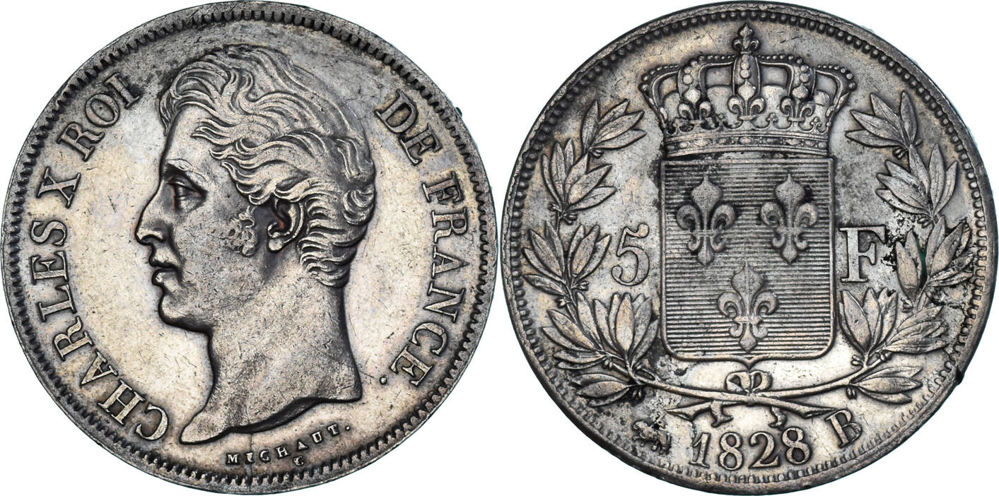Frankreich 5 Francs 1828 Rouen Münze, Charles X, Rouen, SS+, Silber, KM ...