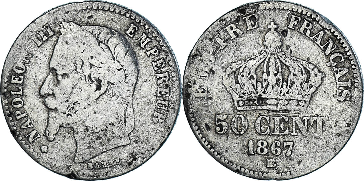 Frankreich 50 Centimes 1867 Strasbourg Münze, Napoleon III, Strasbourg, S, Silber | MA-Shops
