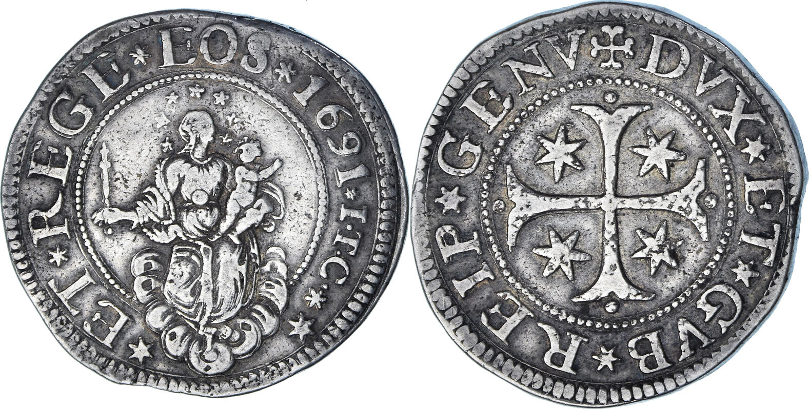 Italien Staaten Scudo 1691 Genoa Münze, GENOA, Dogi Biennali, Genoa, SS ...