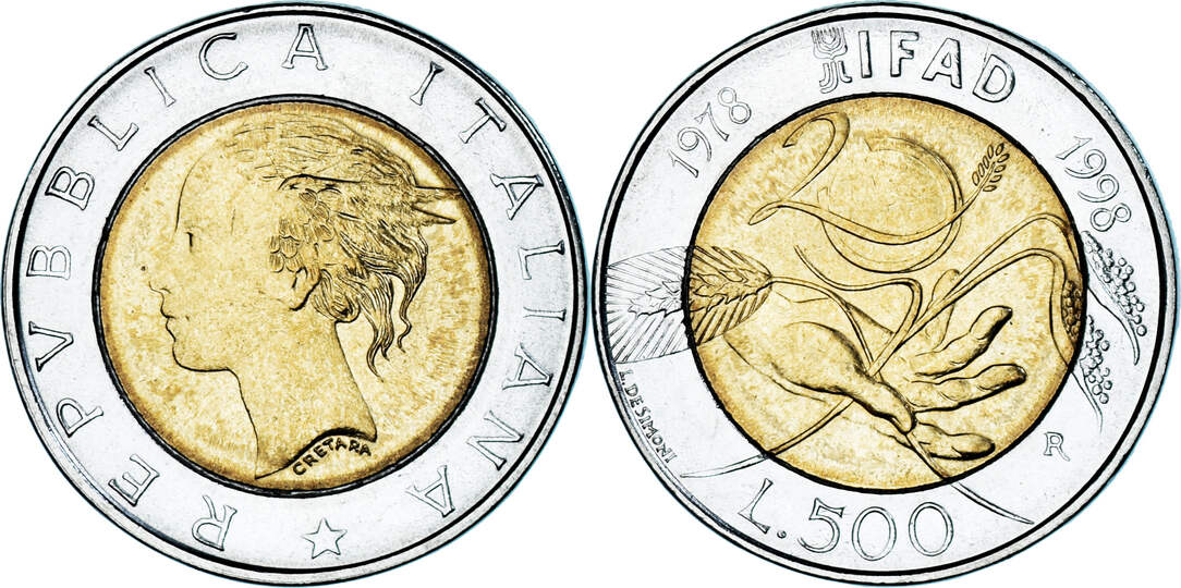 Italien 500 Lire 1998 Rome Münze, Rome, IFAD, SS+, Bi-Metallic, KM:193 | MA-Shops