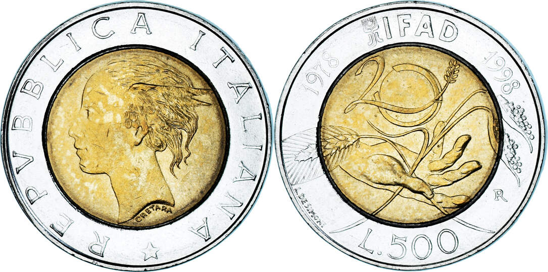 Italien 500 Lire 1998 R Münze, Rome, SS, Bi-Metallic, KM:193 | MA-Shops