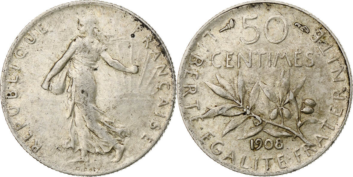 Frankreich 50 Centimes 1908 Paris Semeuse, Paris, SS, Silber, KM:854, Gadoury:420 | MA-Shops