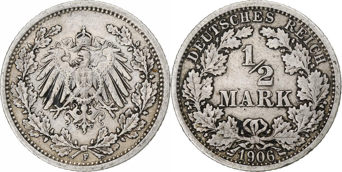 GERMANY - EMPIRE 1/2 Mark 1906 D Stuttgart, S+, Silber, KM:17 | MA-Shops