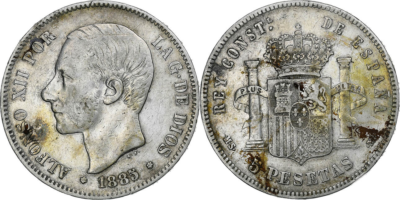 Spanien 5 Pesetas 1885 Madrid Alfonso XII, Madrid, Silber, SS, KM:688 ...