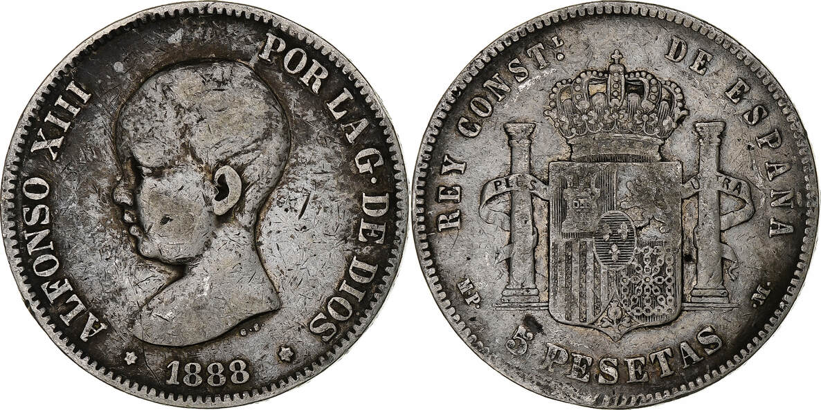 Spanien 5 Pesetas 1888 Madrid Alfonso XIII, Madrid, Silber, S, KM:689 ...