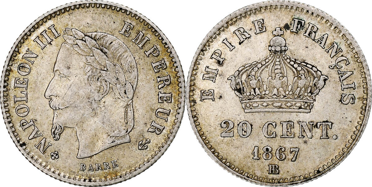 Frankreich 20 Centimes 1867 Strasbourg Napoleon III, Strasbourg, Silber, VZ | MA-Shops