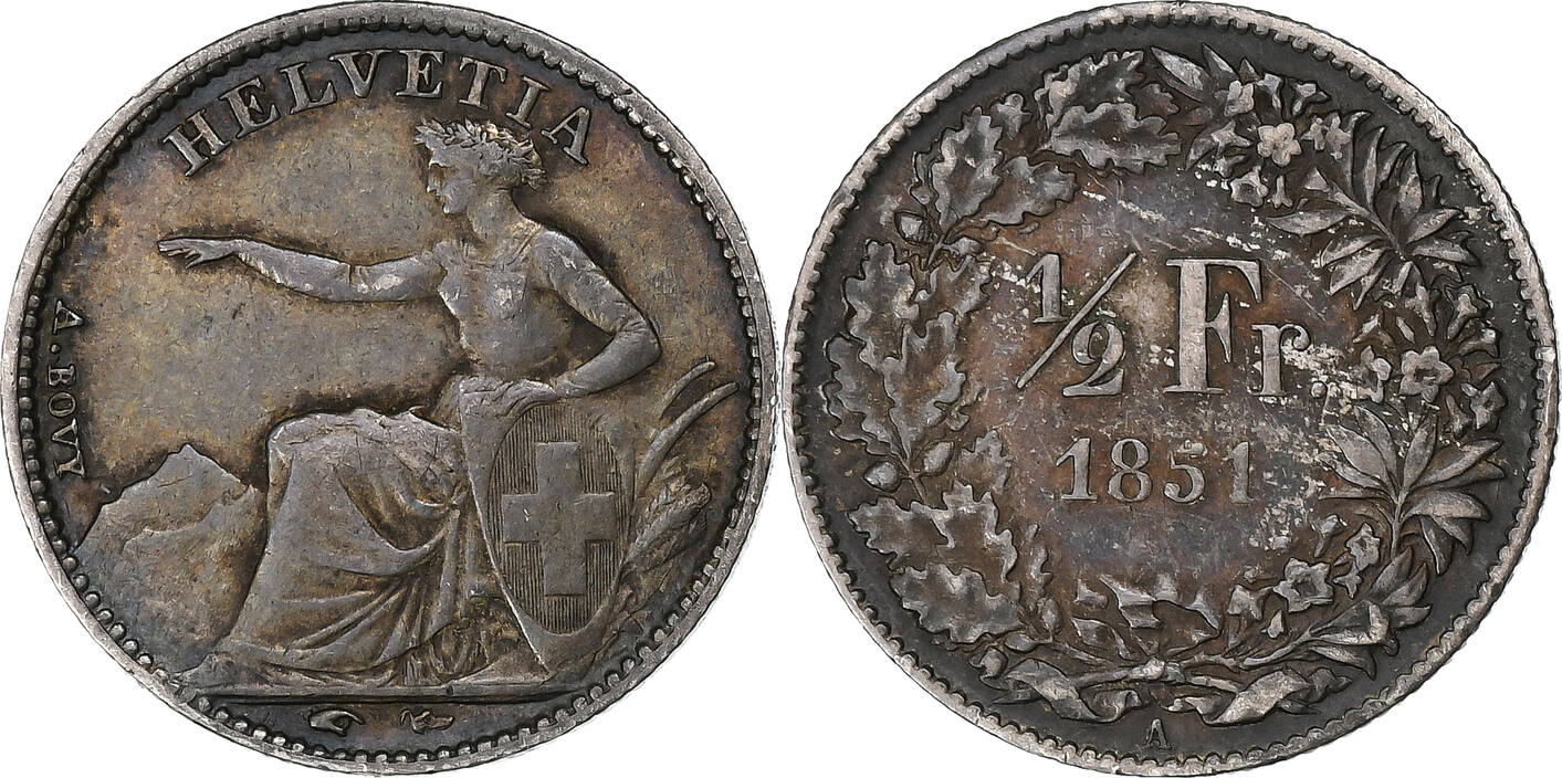 Schweiz 1/2 Franc 1851 Paris Helvetia seated, Paris, Silber, SS+, KM:8 | MA-Shops