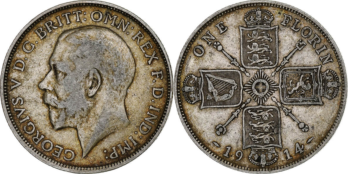 Großbritannien Florin 1914 Münze, George V, SS, Silber, KM:817 | MA-Shops