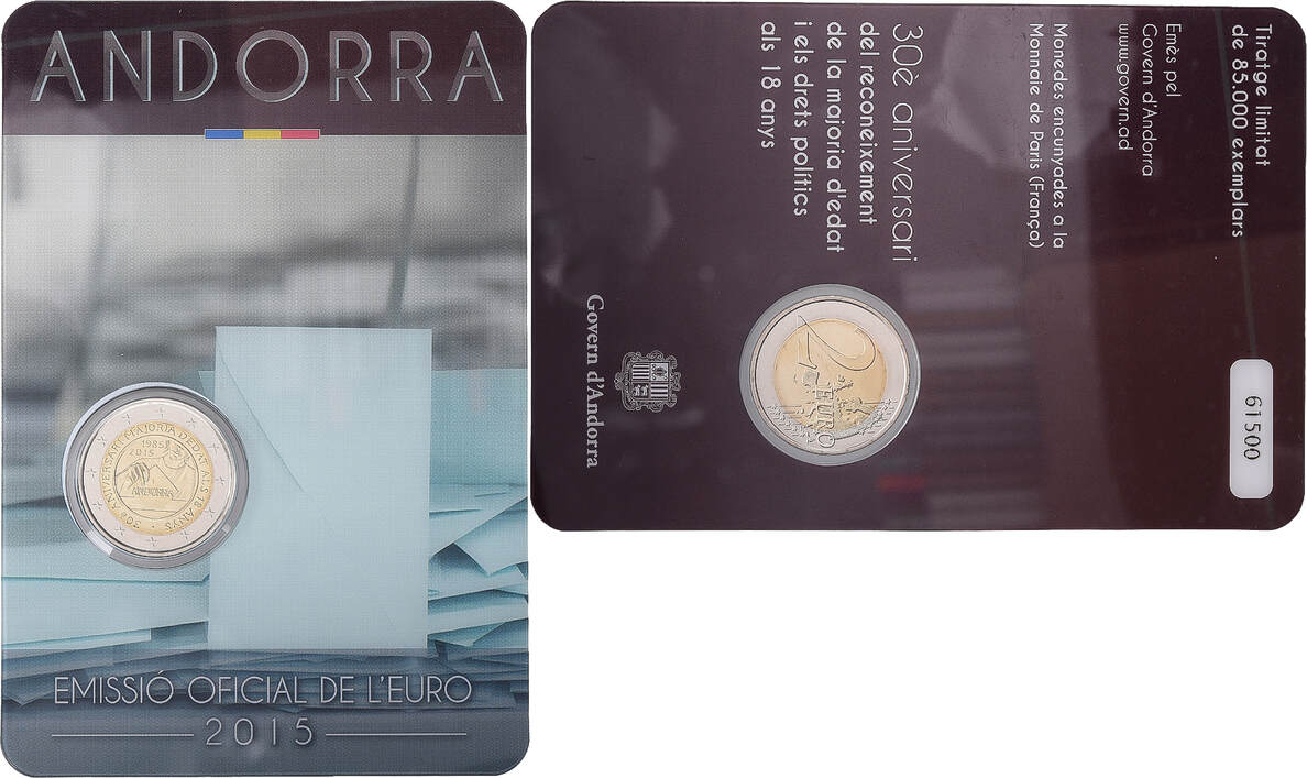 Andorra 2 Euro 2015 majorité à 18 ans, Coin Card, BU, Bi-Metallic, STGL ...
