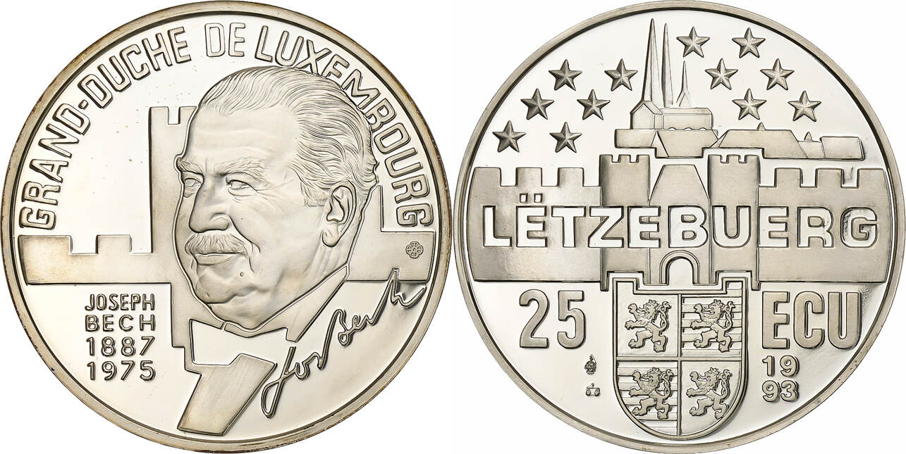 Duchy of Luxembourg 25 Ecu 1993 Joseph Bech (1887-1975), PP, Silber ...