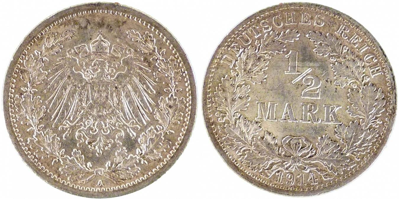 GERMANY - EMPIRE 1/2 Mark 1914 J Münze, Berlin, VZ+, Silber | MA-Shops