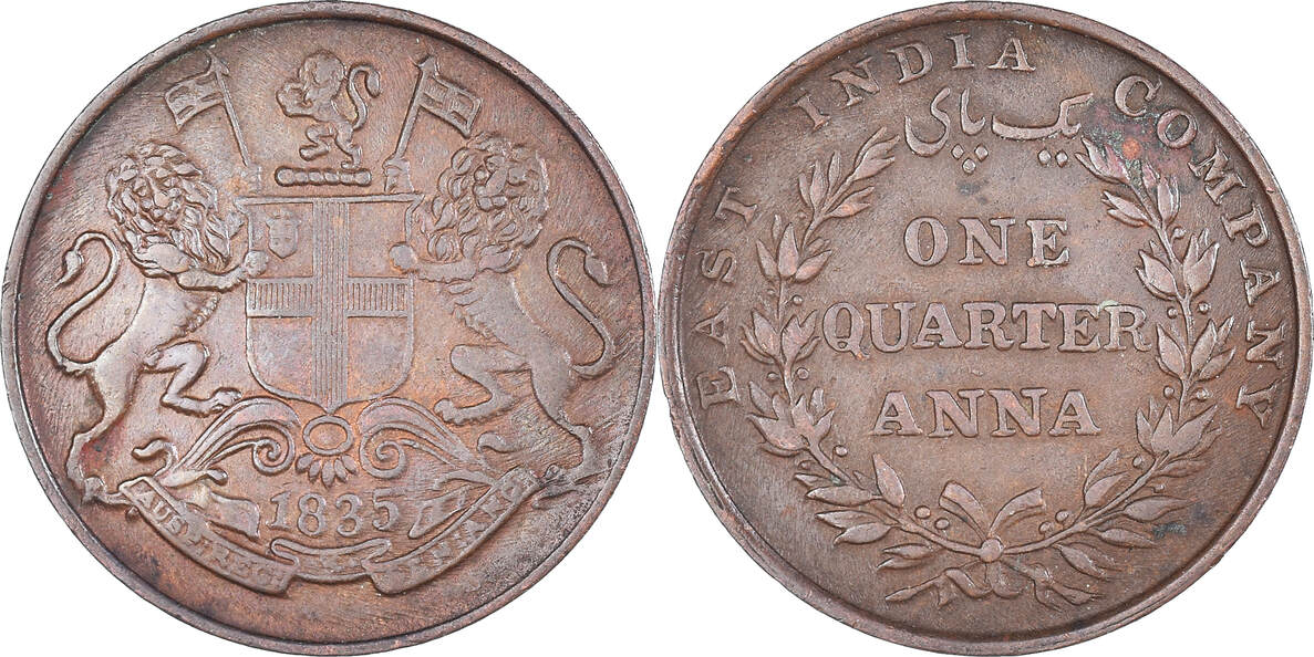INDIA-BRITISH 1/4 Anna 1835 (B) Münze, Bombay, SS, Kupfer, KM:446.2 ...