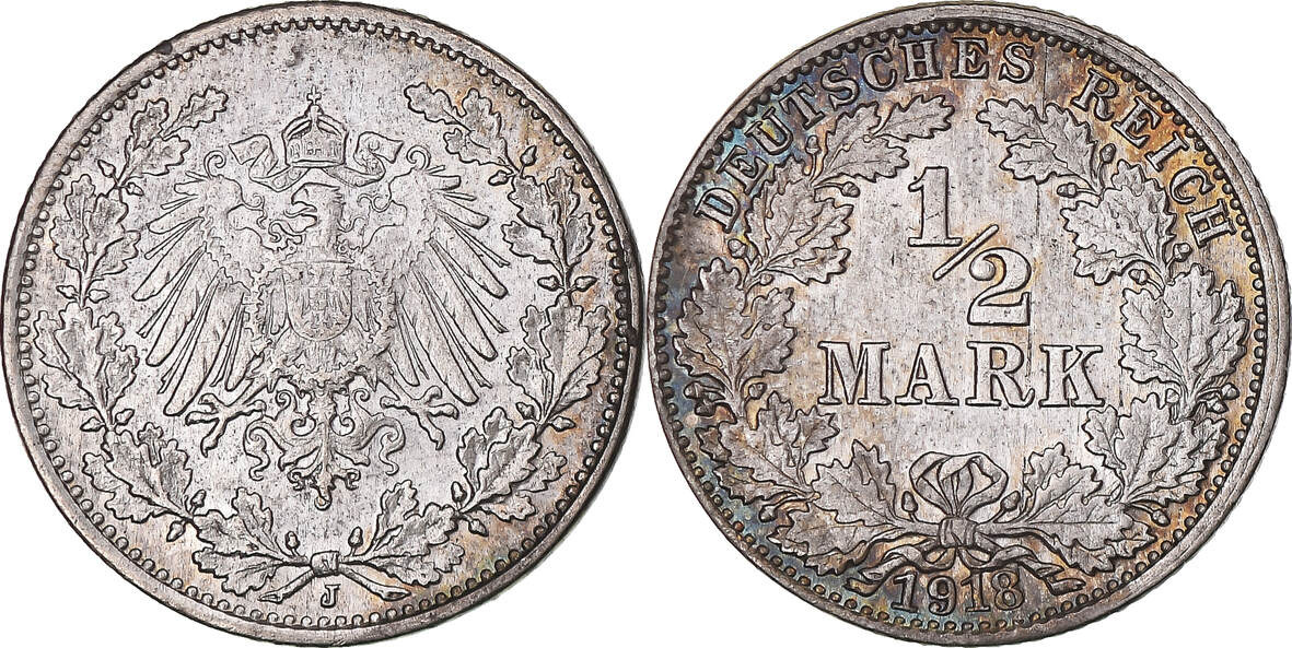 GERMANY - EMPIRE 1/2 Mark 1918 J Münze, Hamburg, VZ+, Silber, KM:17 | MA-Shops