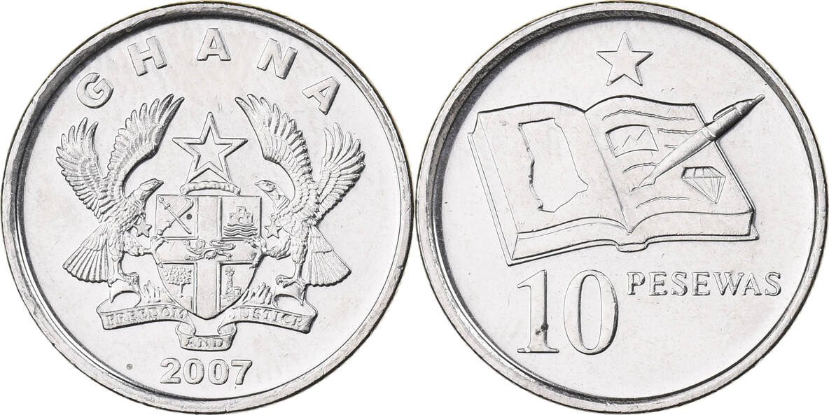 Ghana 10 Pesewas 2007 Nickel Clad Steel, UNZ, KM:39 | MA-Shops