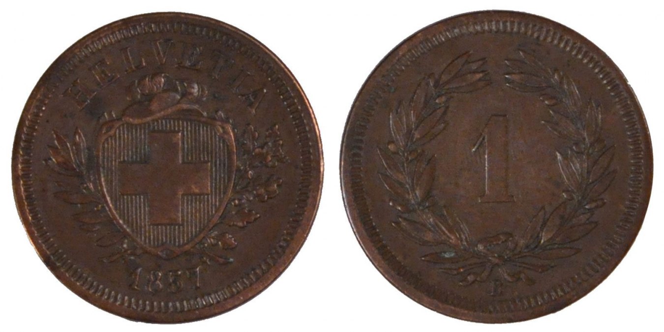 Schweiz Rappen 1857 B Münze, Bern, SS, Bronze, KM:3.1 | MA-Shops