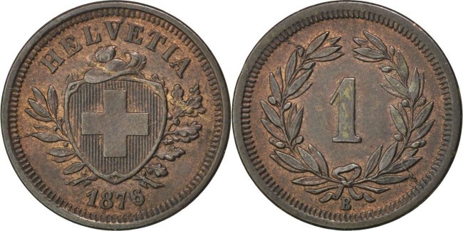 Schweiz Rappen 1876 B Münze, Bern, VZ, Bronze, KM:3.1 | MA-Shops