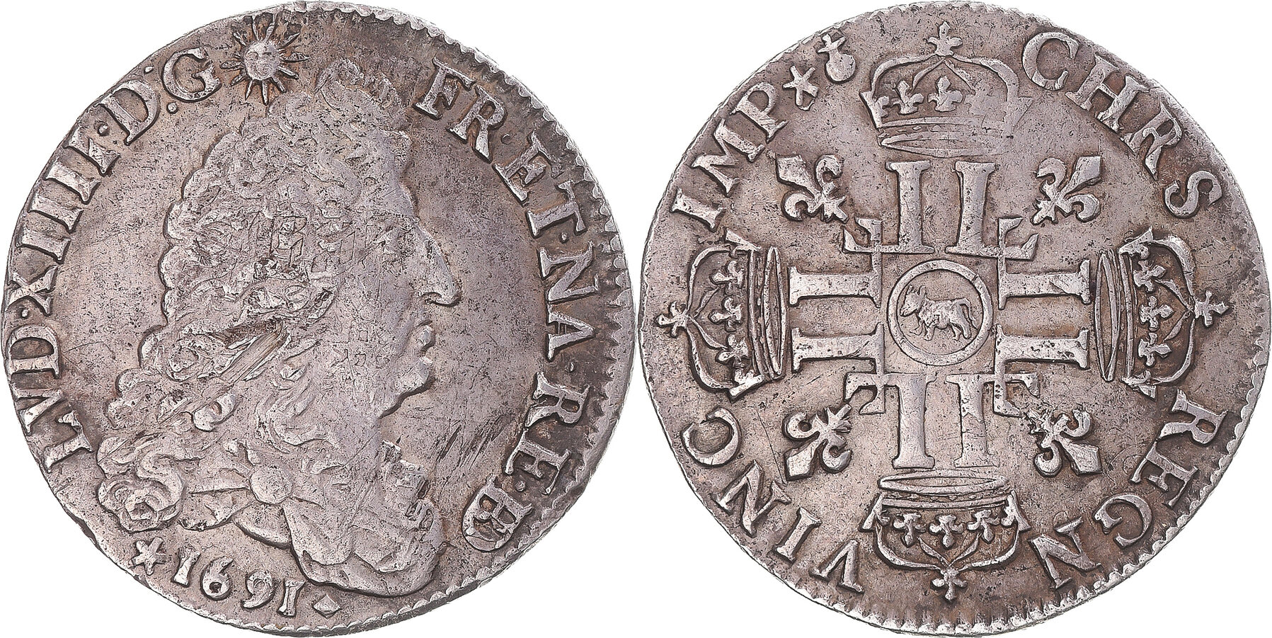 Frankreich 1/4 Ecu 1691 Pau Münze, Louis XIV, 1/4 écu de Béarn aux 8 L ...