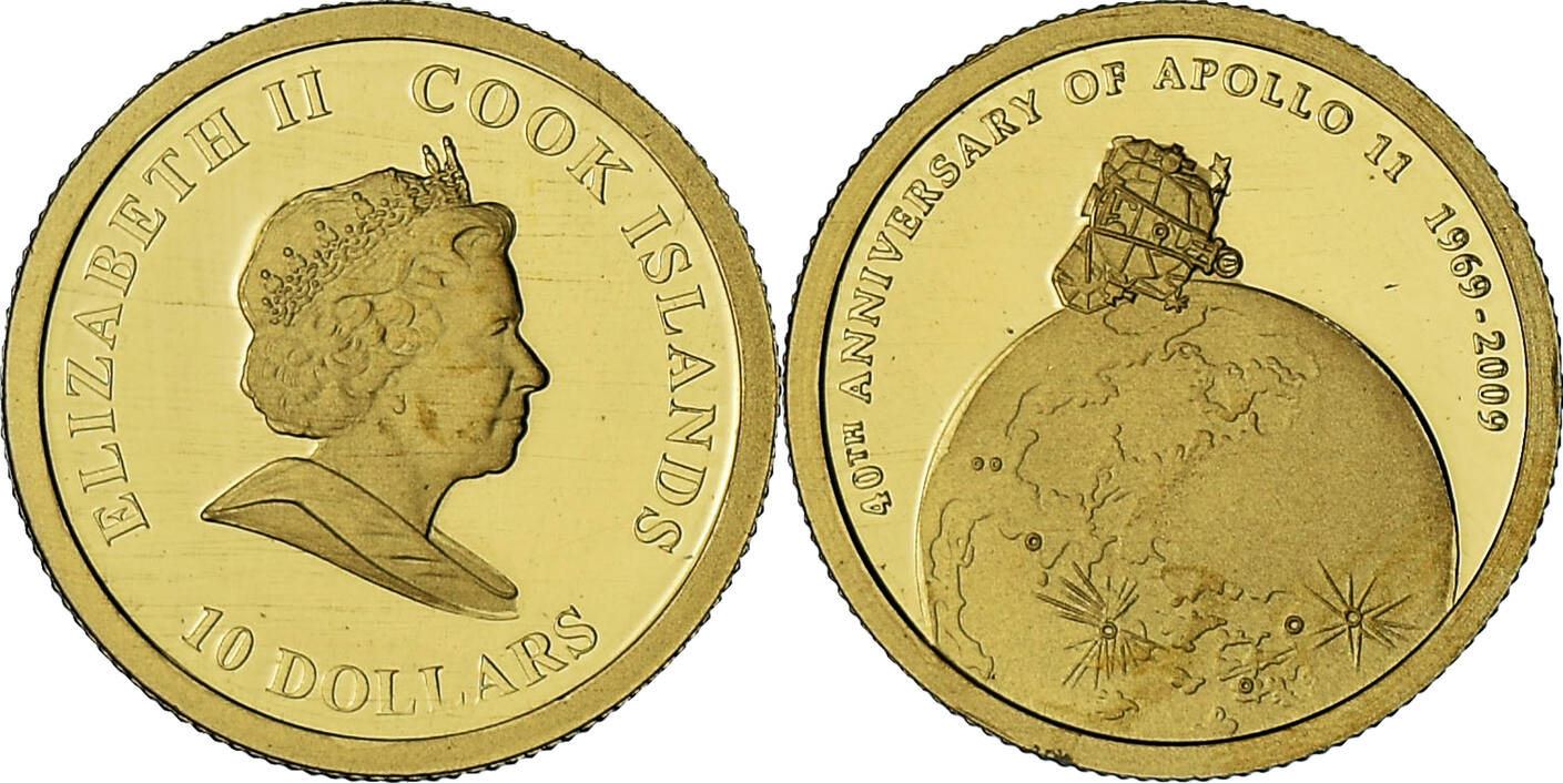 Cookinseln 10 Dollars 2009 Elizabeth II, Apollo 11, BE, STGL, Gold | MA ...