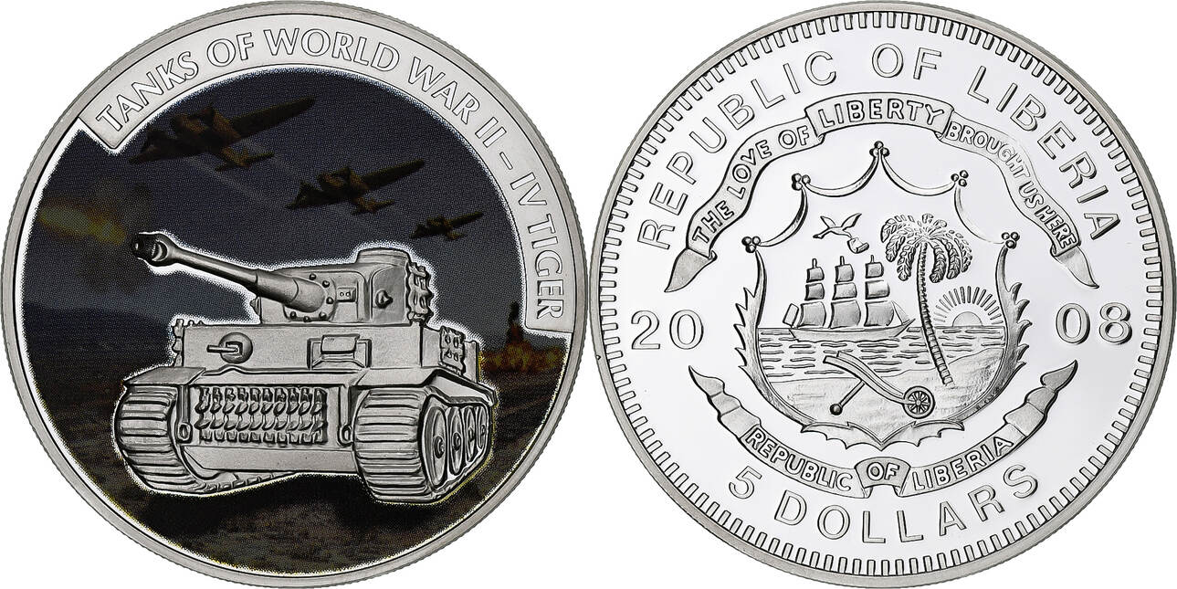 Liberia 5 Dollars 2008 Tanks of WWII, Tiger IV, Proof, Colorized ...
