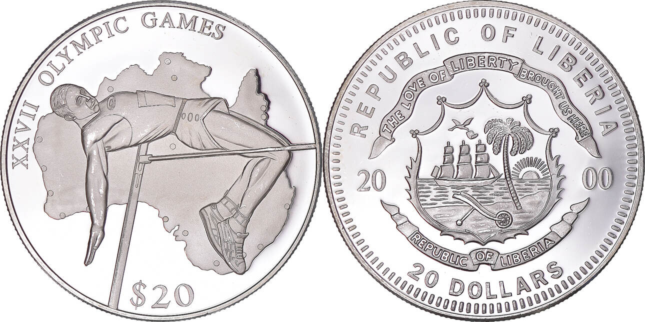Liberia 20 Dollars 2000 Münze, Olympic Games, High Jump, UNZ, Silber ...