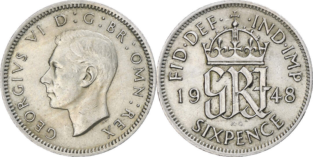 Großbritannien 6 Pence 1948 Münze, George VI, SS, Kupfer-Nickel, KM:862 ...