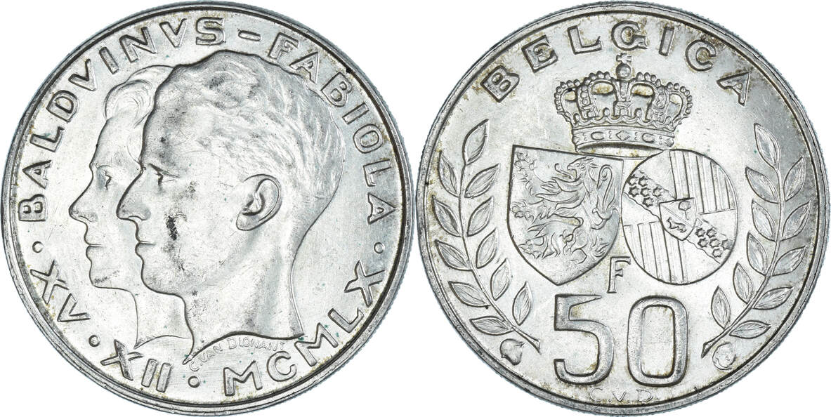 Belgien 50 Francs, 50 Frank 1960 Münze, Baudouin I, VZ, Silber, KM:152. ...