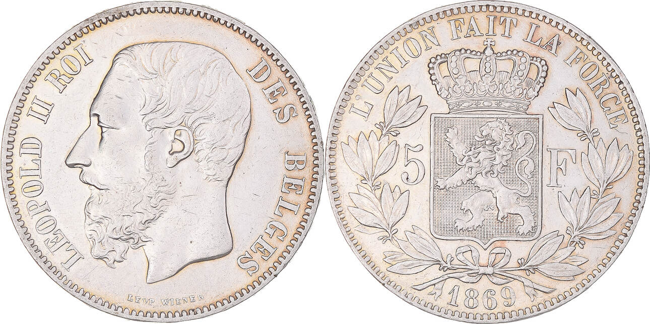 Belgien 5 Francs, 5 Frank 1869 Münze, Leopold II, VZ, Silber, KM:24 | MA-Shops