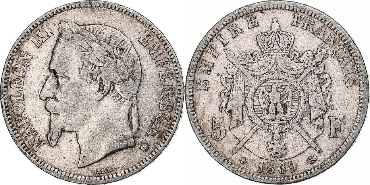 Frankreich 5 Francs 1869 BB Münze, Napoléon III, Strasbourg, S, Silber | MA-Shops