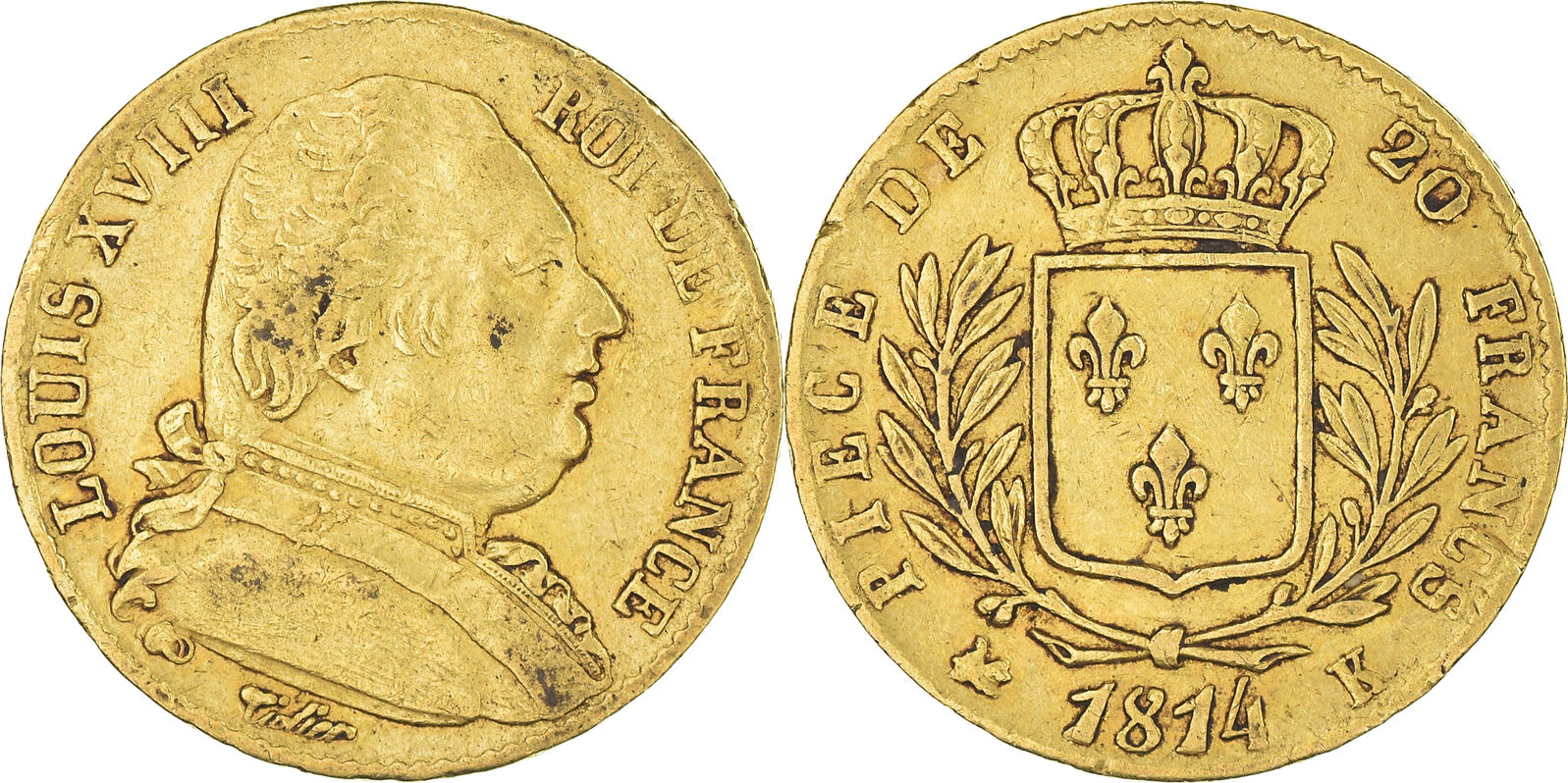 Frankreich 20 Francs 1814 K Münze, Louis XVIII, Bordeaux, S+, Gold, KM:706.3 | MA-Shops