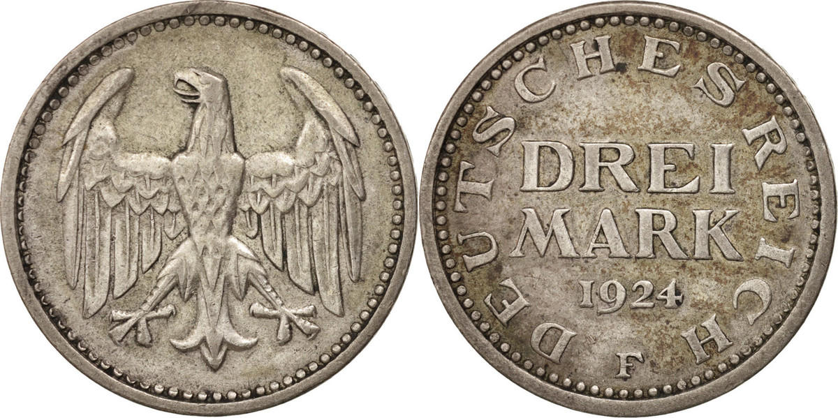 Deutschland, Weimarer Republik 3 Mark 1924 F Münze, Stuttgart, VZ, Silber | MA-Shops