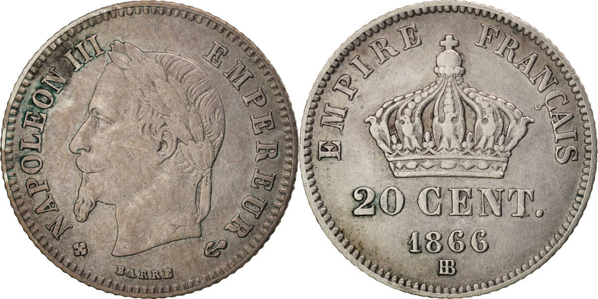 Frankreich 20 Centimes 1866 BB Münze, Napoleon III, Napoléon III, Strasbourg SS | MA-Shops