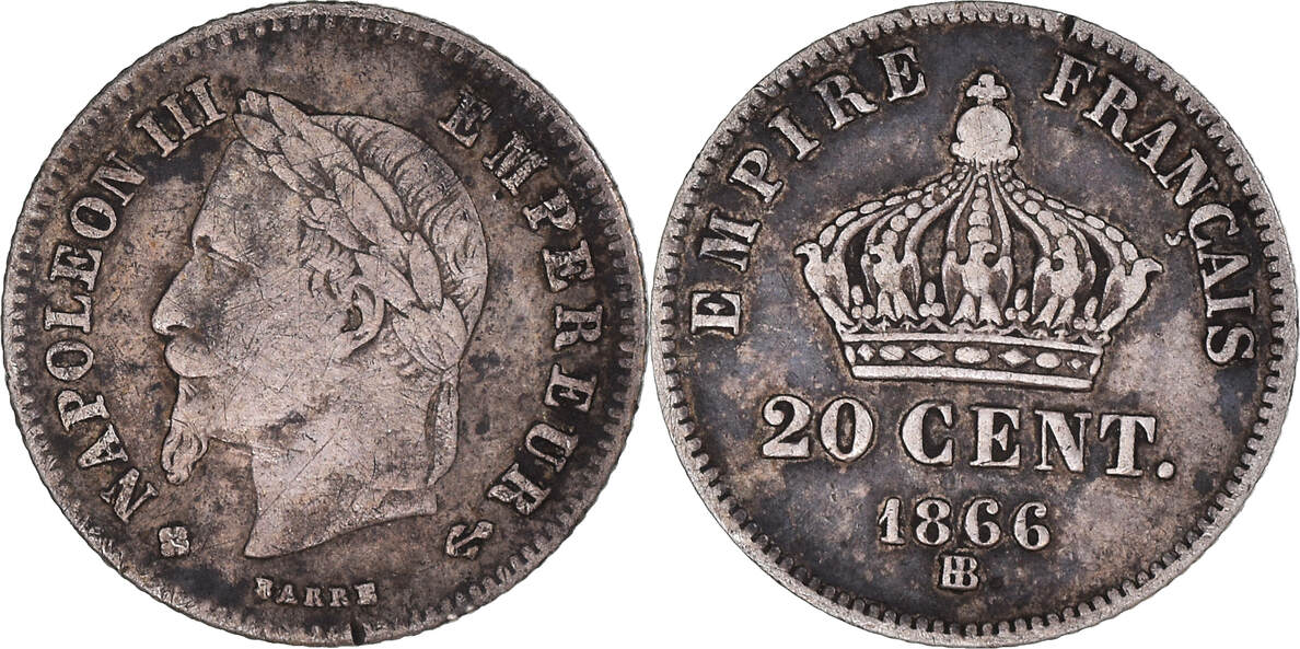 Frankreich 20 Centimes 1866 BB Münze, Napoleon III, Napoléon III, Strasbourg SS | MA-Shops