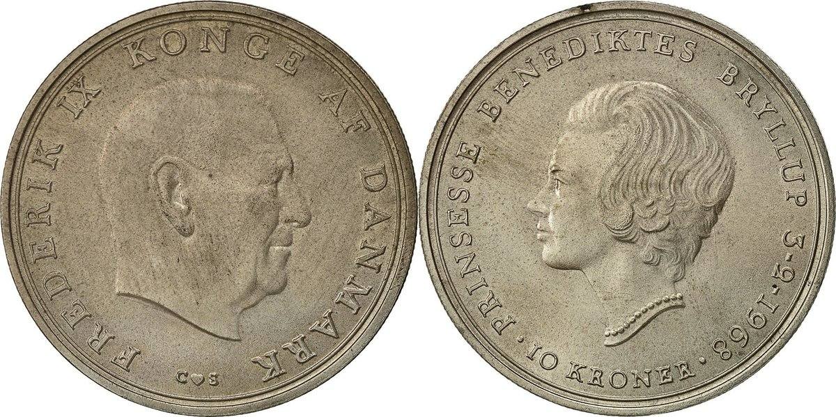 Dänemark 10 Kroner 1968 (h) Münze, Frederik IX, Copenhagen, SS, Silber, KM:857 | MA-Shops