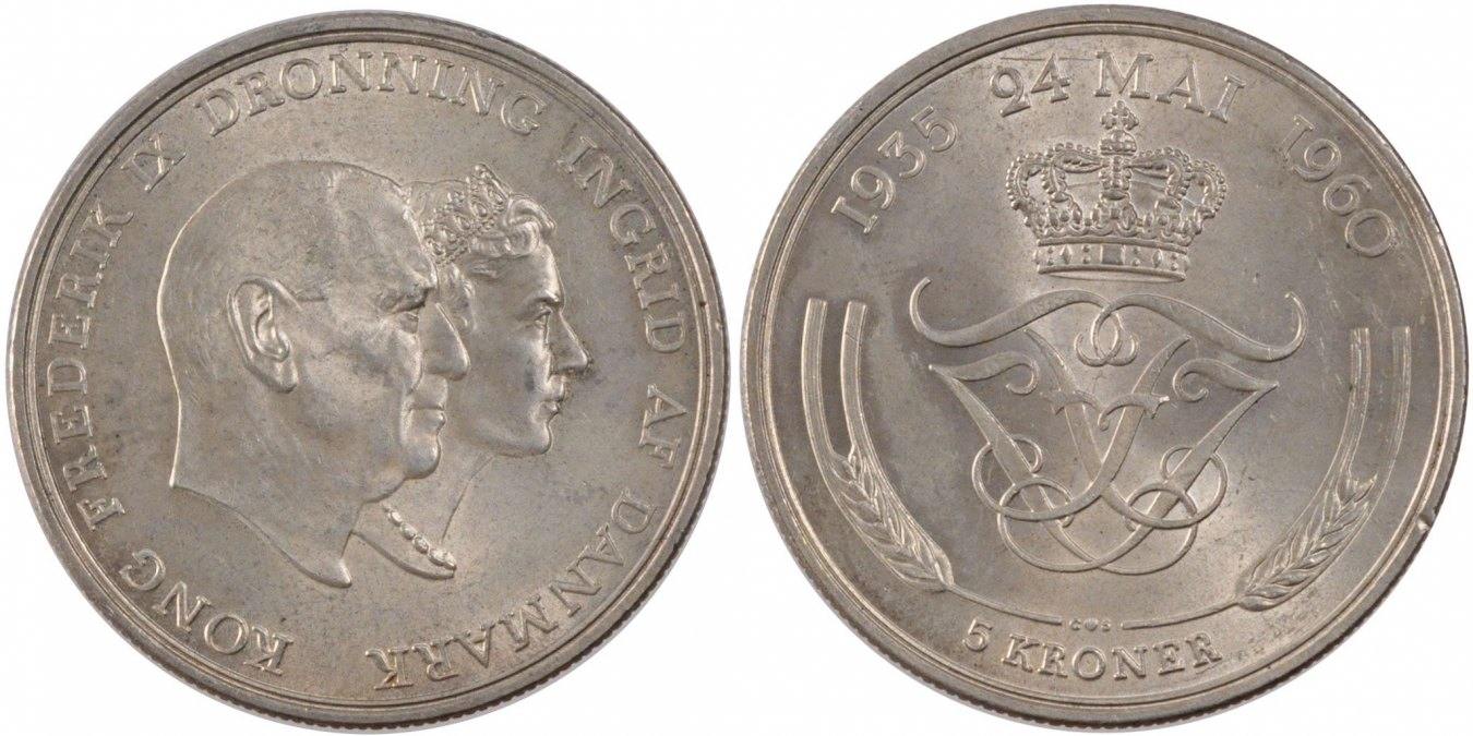 Dänemark 5 Kroner 1960 (h) Münze, Frederik IX, Copenhagen, VZ+, Silber ...