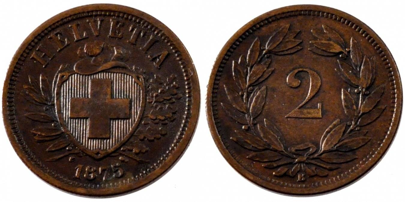Schweiz 2 Rappen 1875 B Münze, Bern, SS+, Bronze, KM:4.1 | MA-Shops